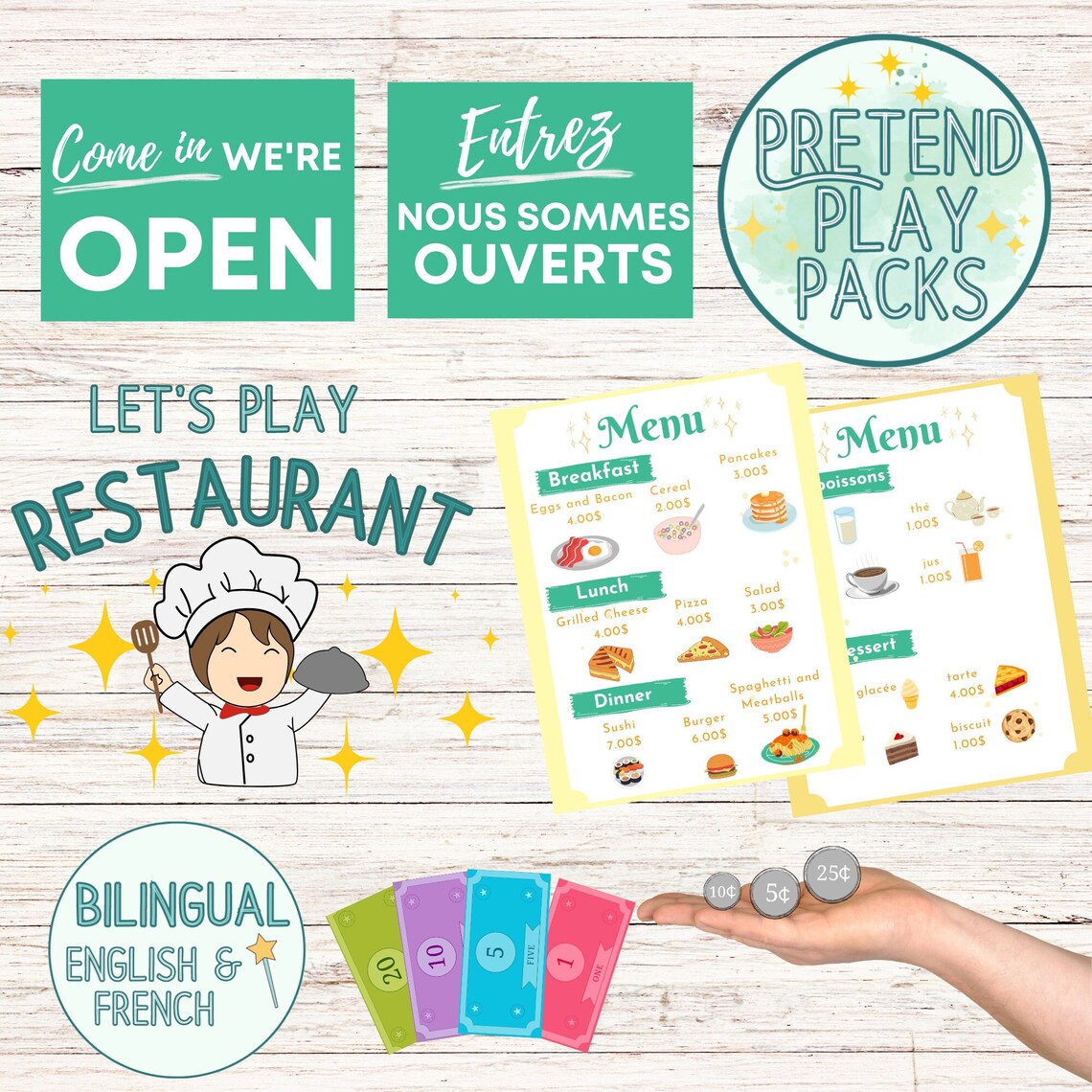 Pretend/dramatic Play Restaurant Set for Kids - Bilingual (english ...