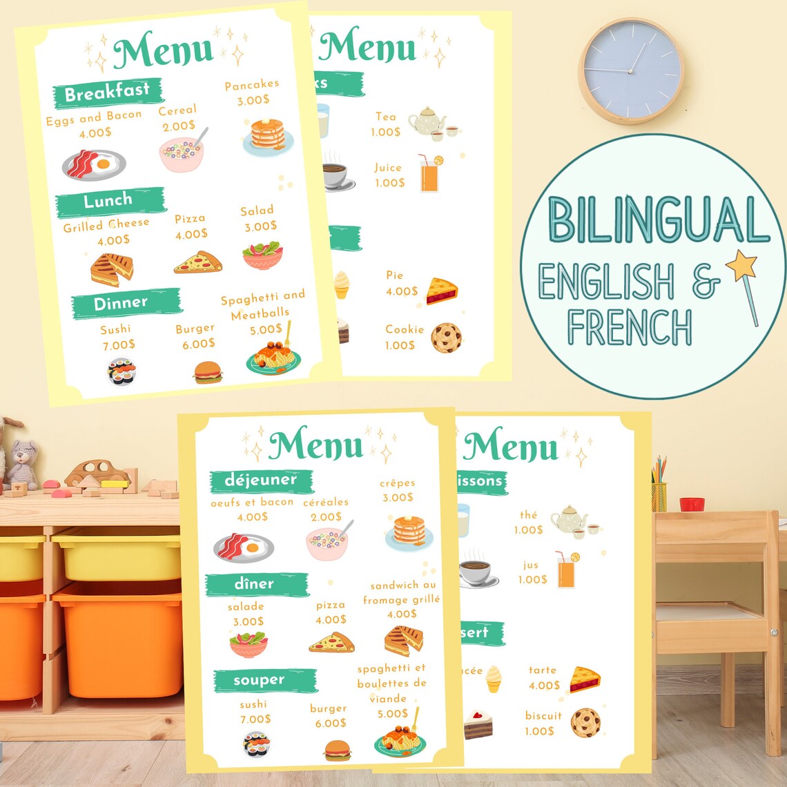 Pretend/dramatic Play Restaurant Set for Kids - Bilingual (english ...