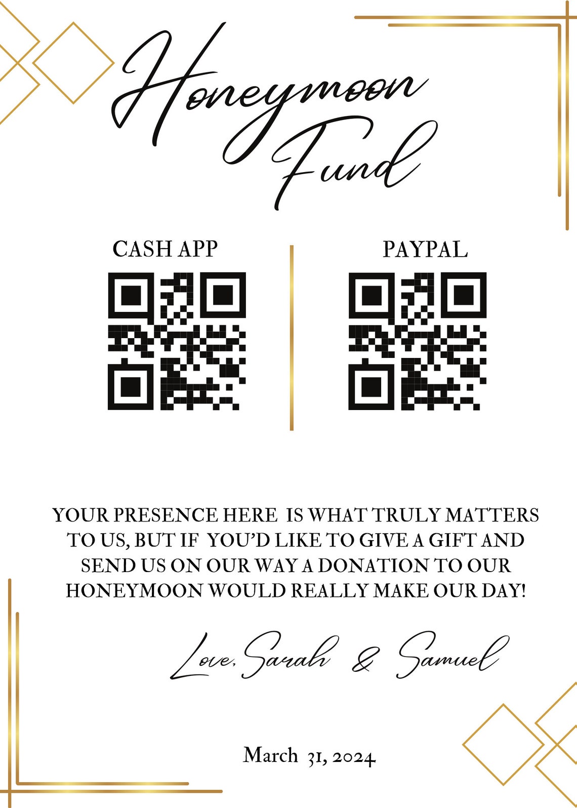 Honeymoon Fund QR Code Sign, for Wedding Honeymoon Fund Sign , Venmo QR ...