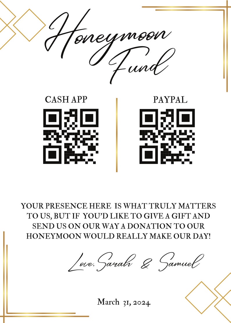 Honeymoon Fund QR Code Sign, for Wedding Honeymoon Fund Sign , Venmo QR ...
