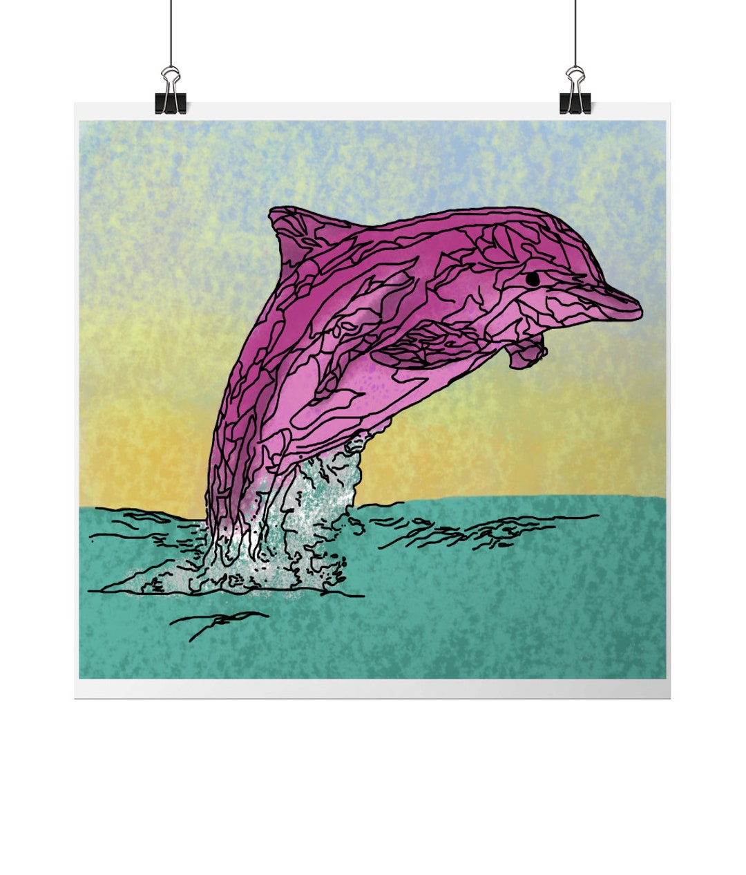 Art Original Dolphin Print Pink Dolphin Sunset Ocean Sea Dolphin Art ...