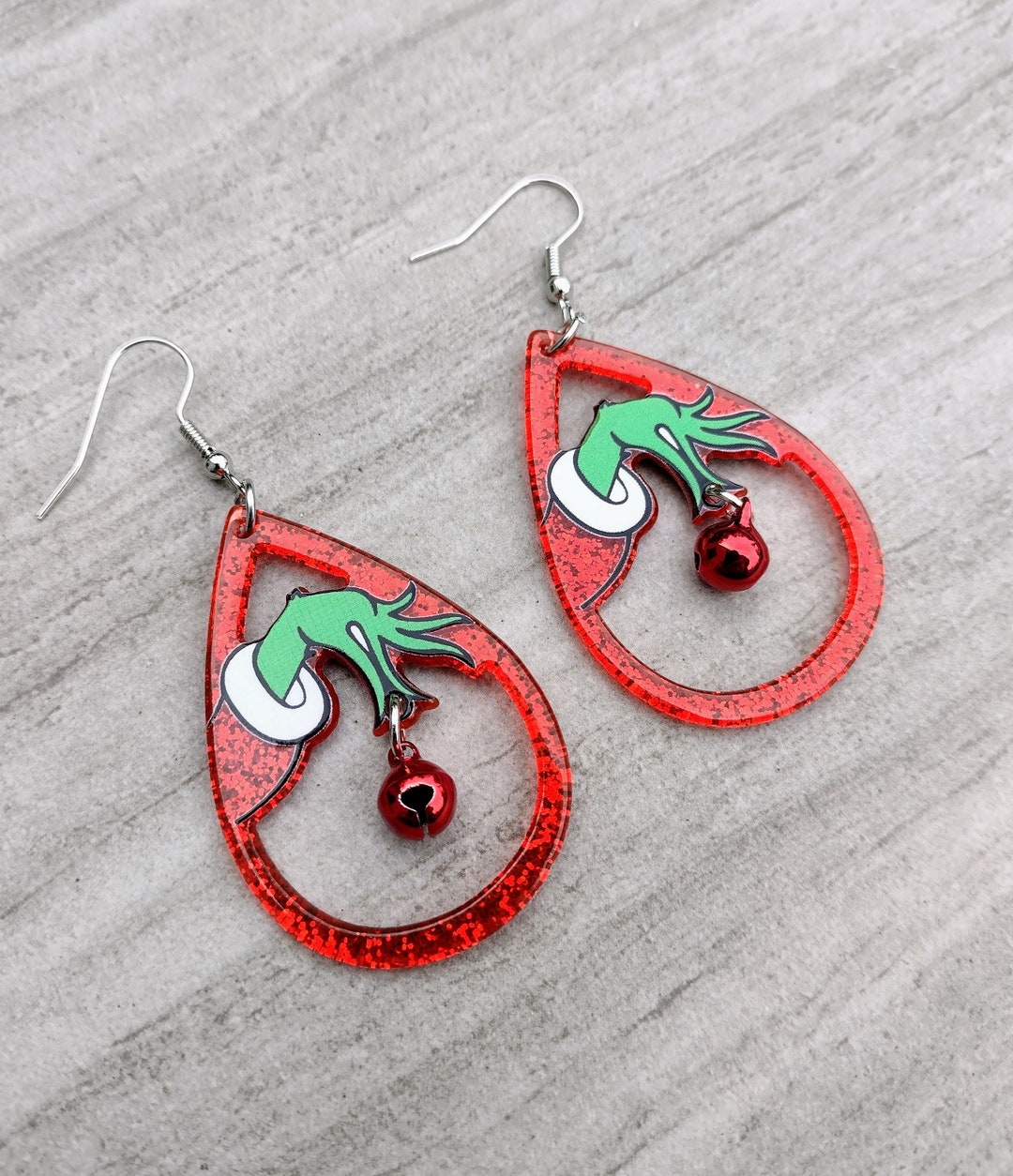 Grinchy Hand and Bell Acrylic Earrings - Etsy