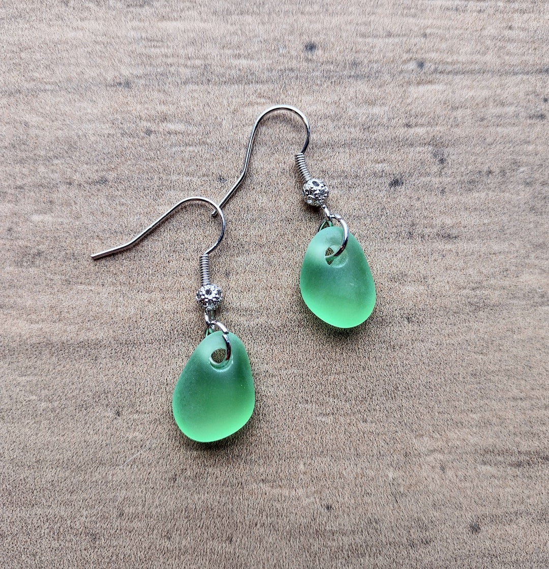 Teardrop Green Sea Glass Dangle Earrings - Etsy