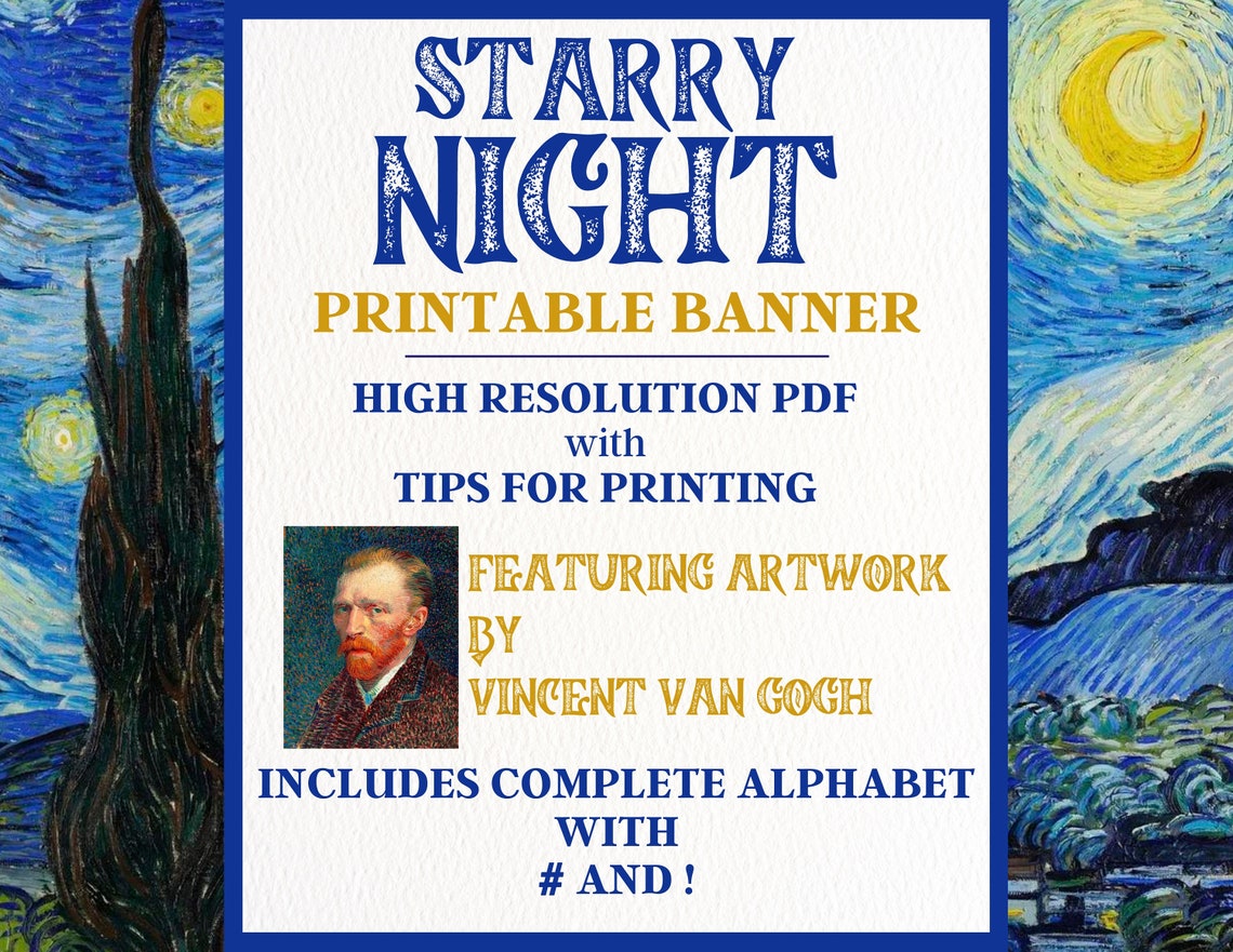 Starry Night Printable Banner, Van Gogh Starry Night DIY, Vincent Van ...