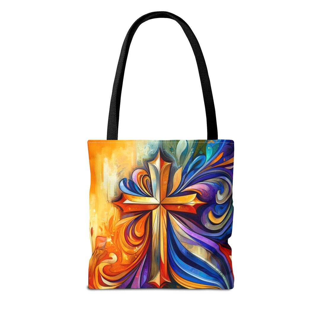 Vibrant Christian Tote Bag All-over Print Rainbow Cross Scripture Bible ...