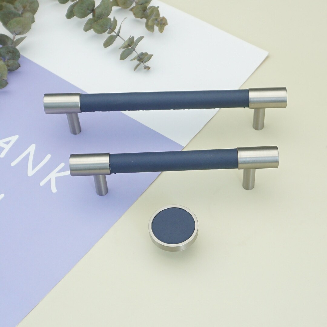 3.78“ 5"dark Blue Leather Kitchen Pull Knob Nickel Cabinet Handle Knob ...