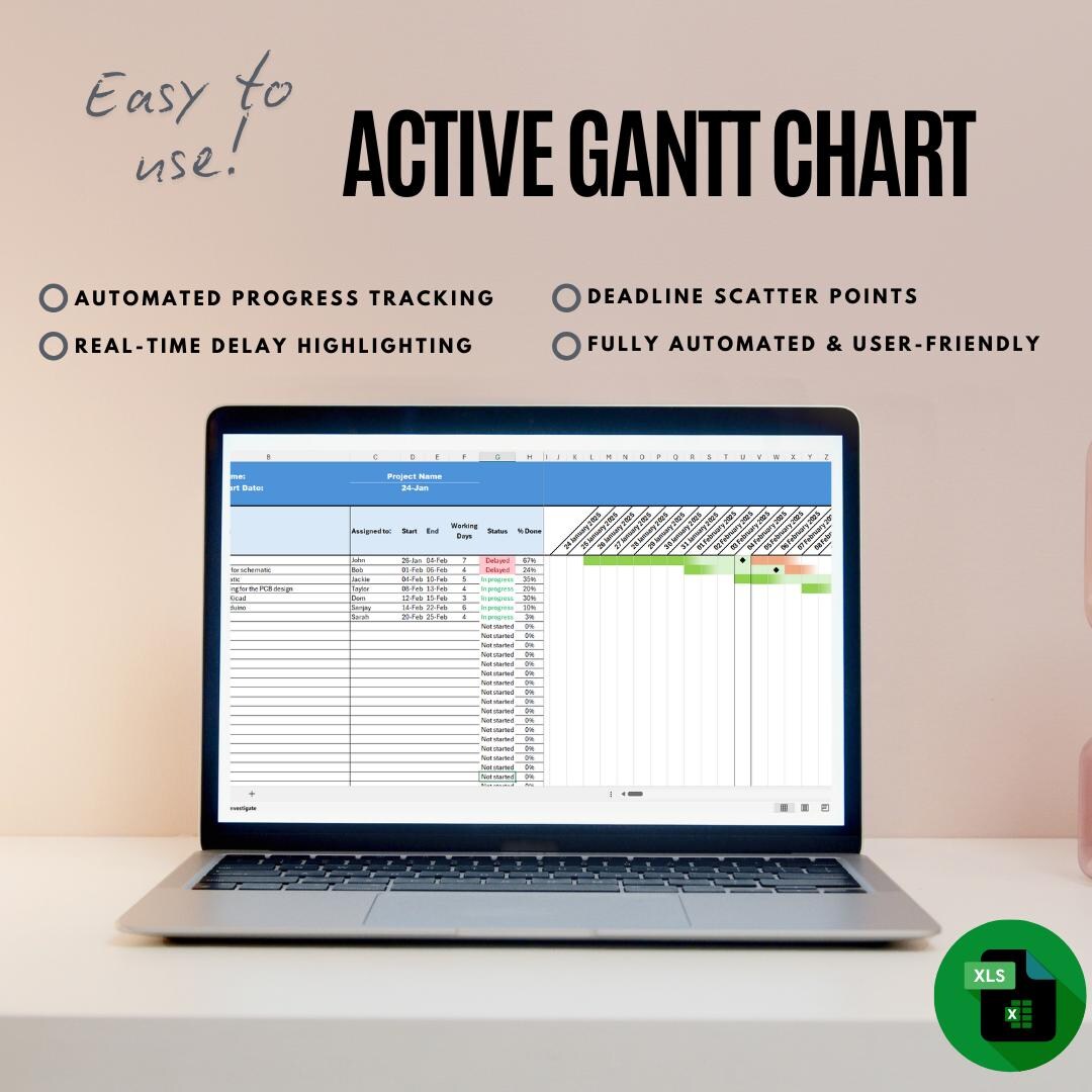 Active Gantt Chart Spreadsheet | Auto-tracking and Delay Mnagement | Project Management Gantt ...