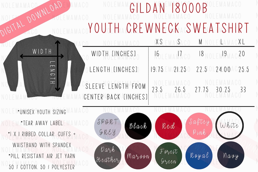 Gildan 18000B Size Chart Color Chart, 18000B Sweatshirt Size Chart ...