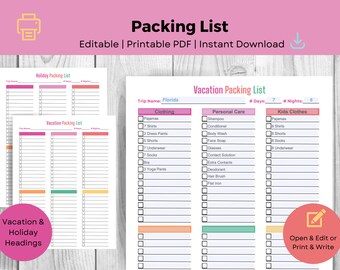 Editable Travel Packing List Template I Holiday I Vacation I - Etsy