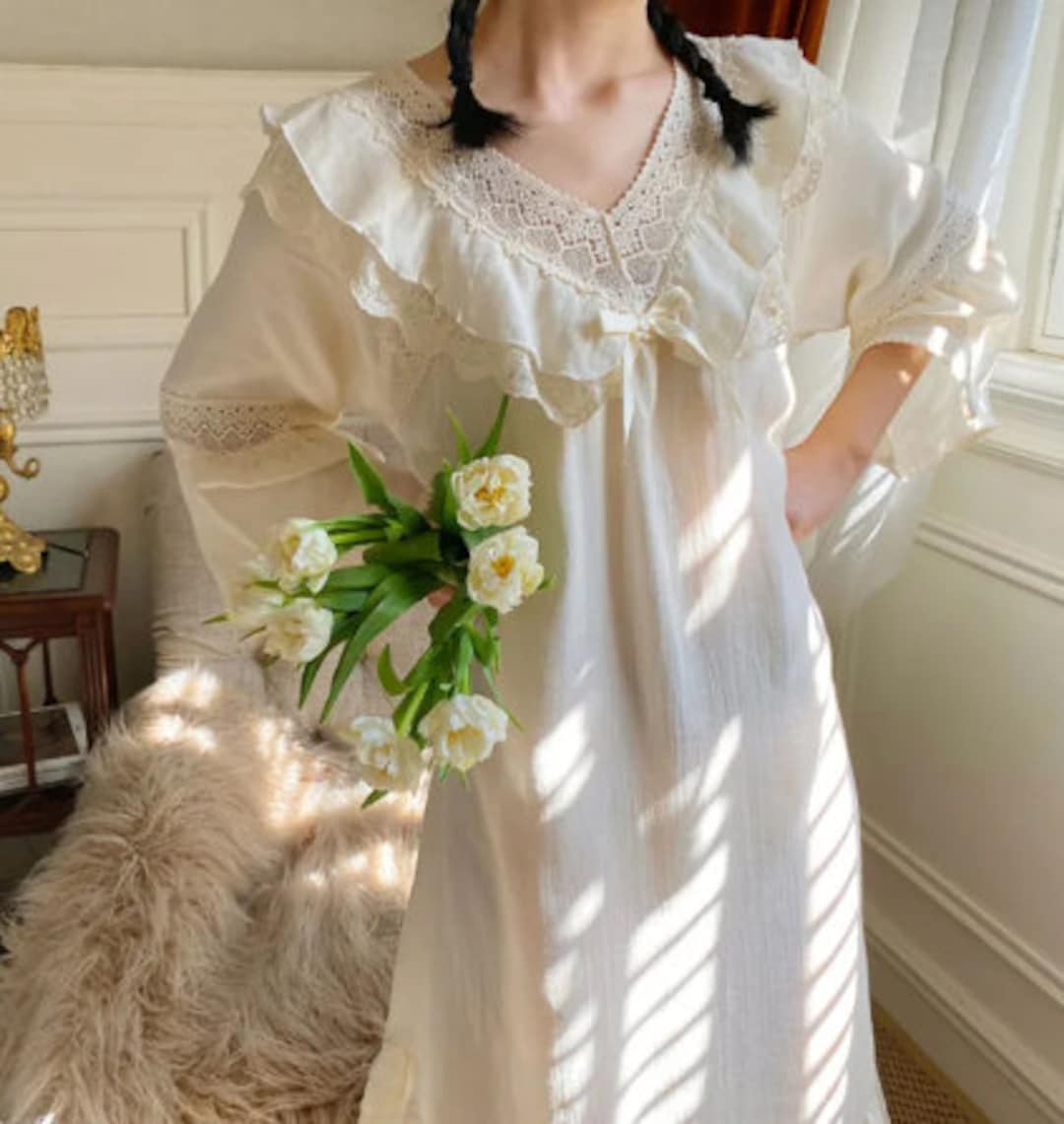 Vintage Lace Nightgown Victorian Long Cotton Night Dress Edwardian ...