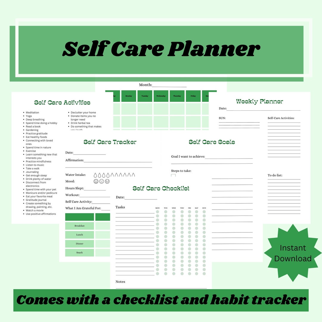 Self-care Planner Green | Self Care Checklist Printable | Digital ...