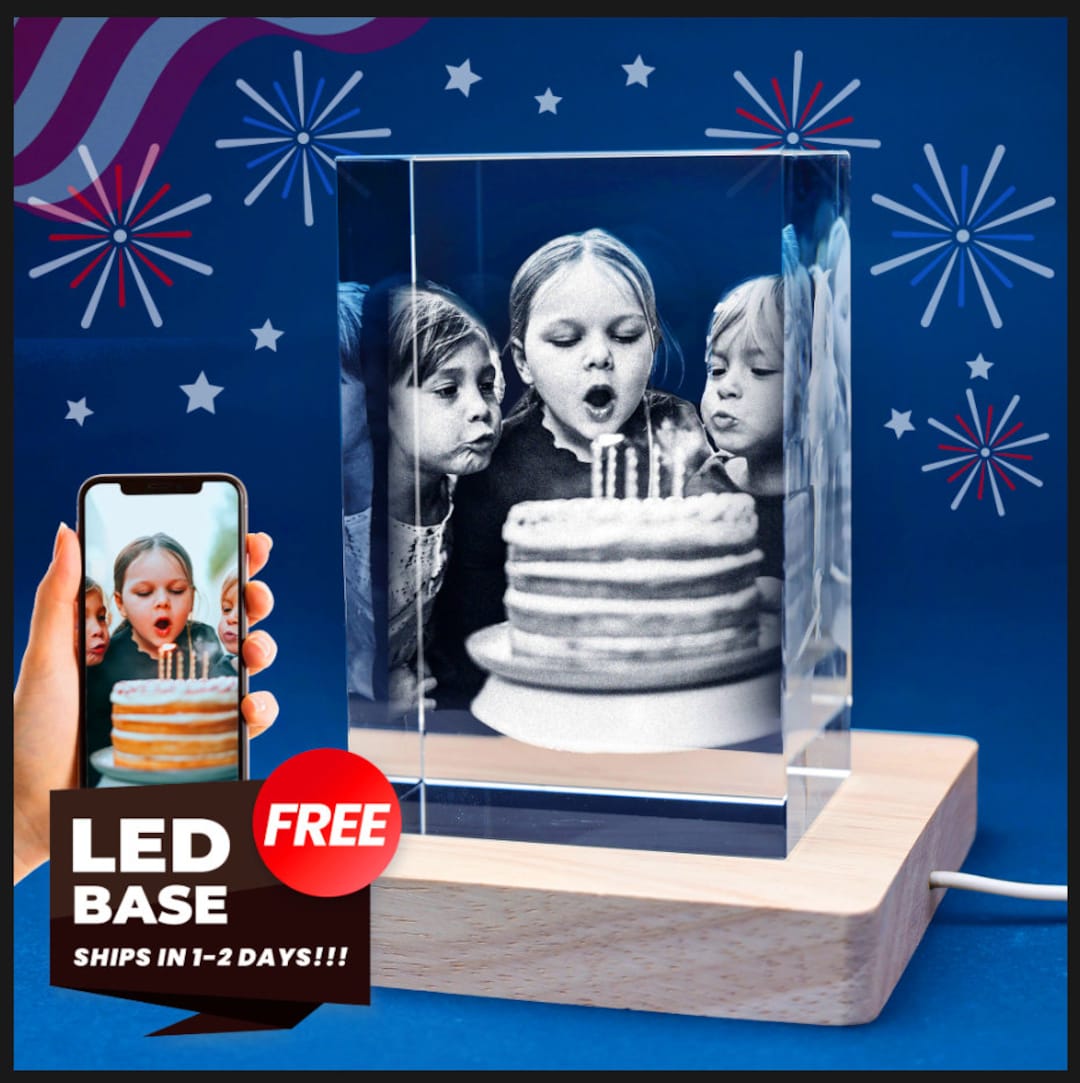 3D Crystal Photo Cube With Light Base: Personalized Laser Engraved ...