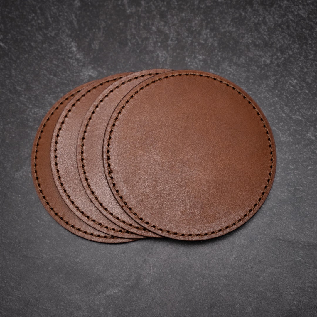 Set of 4 Brown Leather Circle Coasters | Handmade Real Leather Coaster ...