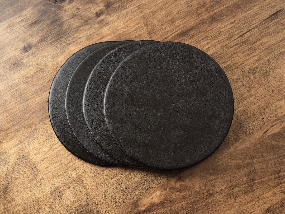 Set of 4 Black Leather Circle Coasters Handmade Real Leather Coaster ...