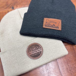 Leather Patch Beanies | Custom Engraved Logo Beanie, Real Leather Patches, Branded Beanies ...
