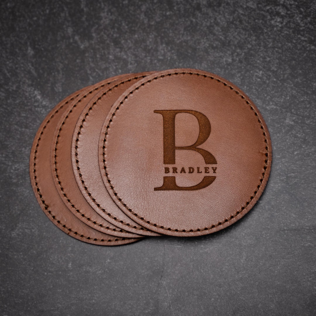 Set of 4 Custom Monogrammed Leather Coasters Full Grain Leather Coaster ...