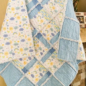 Handmade Baby Boy Rag Quilt Baby Blanket Blue, White & Yellow Cotton ...