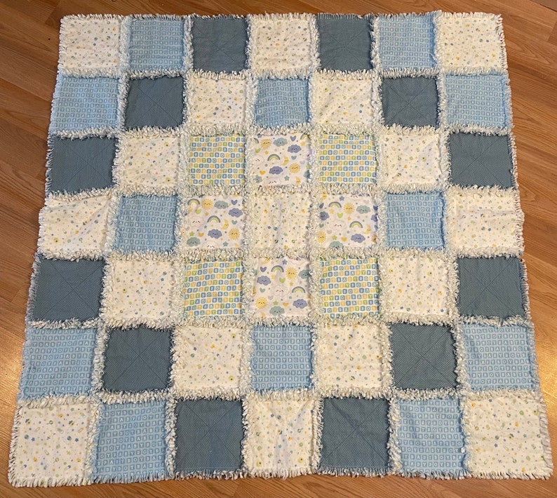 Handmade Sweet Dreams Baby Boy Rag Quilt Baby Blanket Blue/white Cotton ...