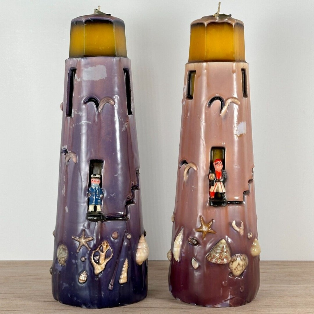 2 two Vintage Carved Studio Art Lighthouse Candles Seashells Captain ...