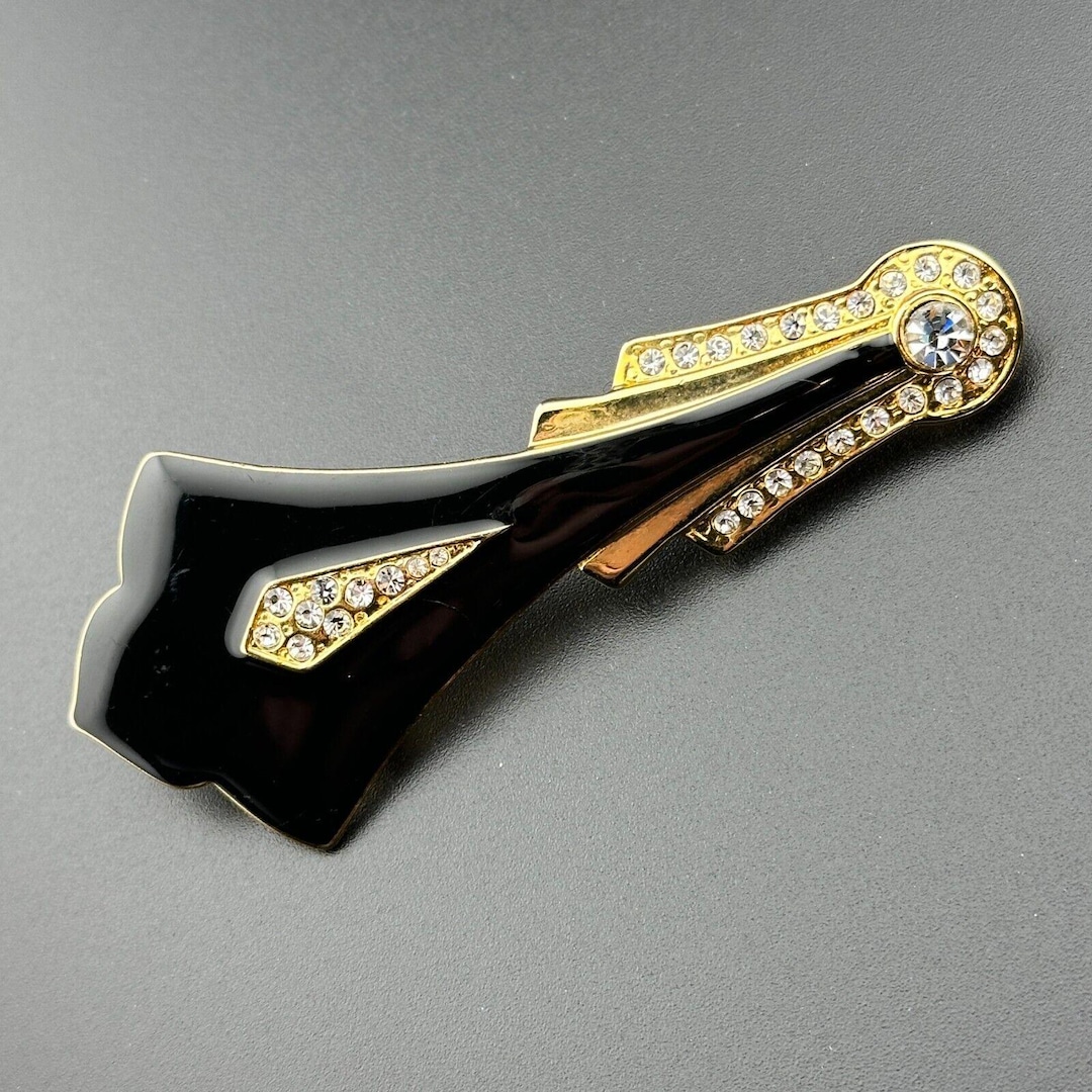 Vintage Art Deco Style Gold-tone Brooch W Sparkly Rhinestones Black ...