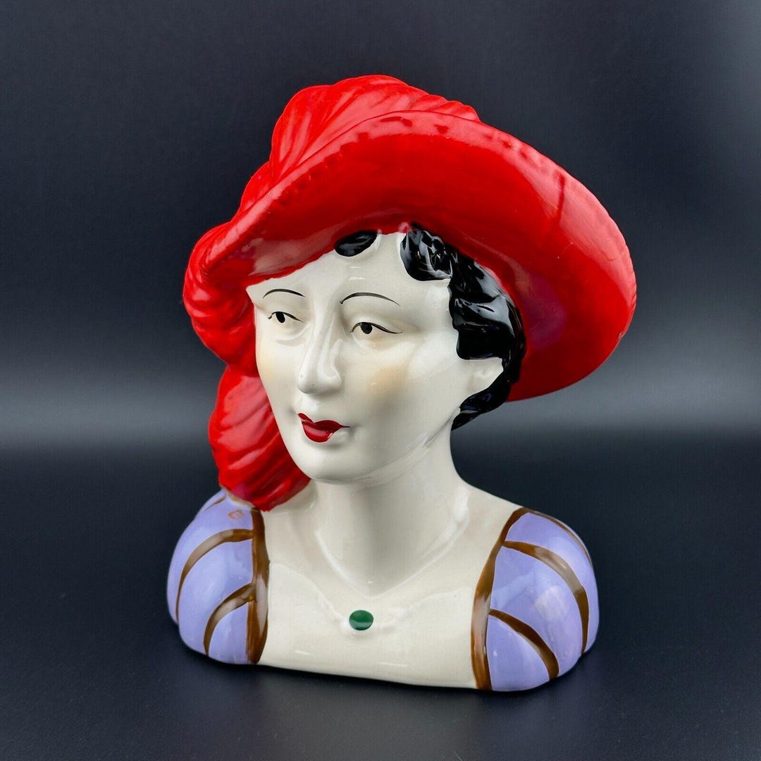 Vintage Lady Head Bust Figurine Ceramic Red Hat With Feather Hand ...