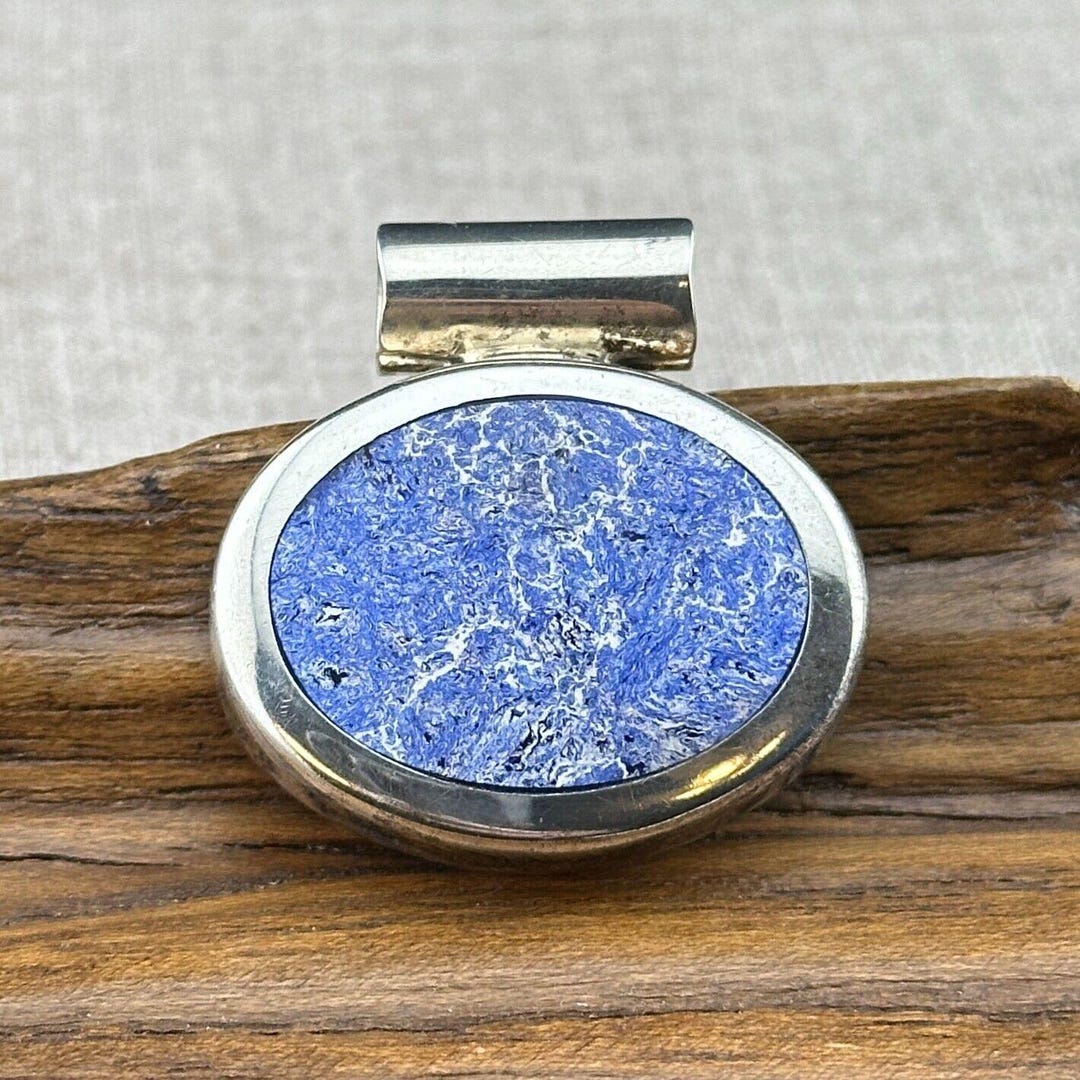 Vintage Mexico ATI Unique Natural Blue Stone 925 Silver Oval Pendant 12 ...