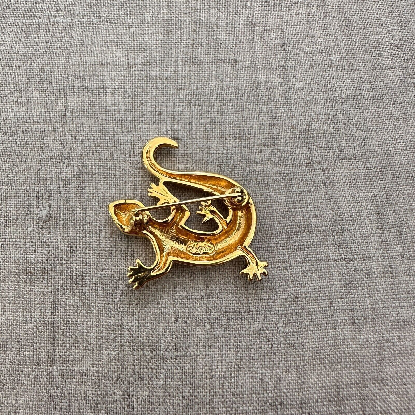 Vintage NAPIER Lizard Salamander Gold Tone Brooch Green Rhinestone Eyes ...