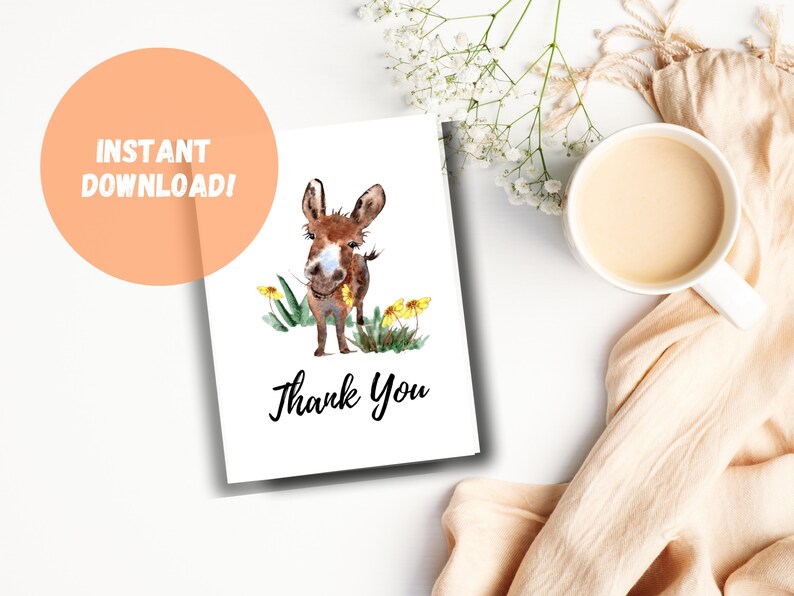 Cute Donkey Thank You Card, DIY Greeting Card 5 X 7 Pdf Instant ...