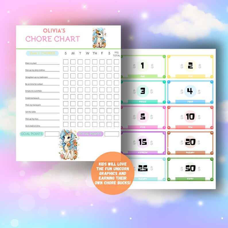 Unicorn Chore Chart Template for Kids, Reward Bucks, Behavior Chart ...