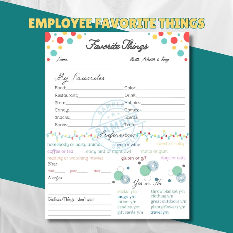Employee Favorite Things Printable Wish List: Team Building (PDF) - Etsy