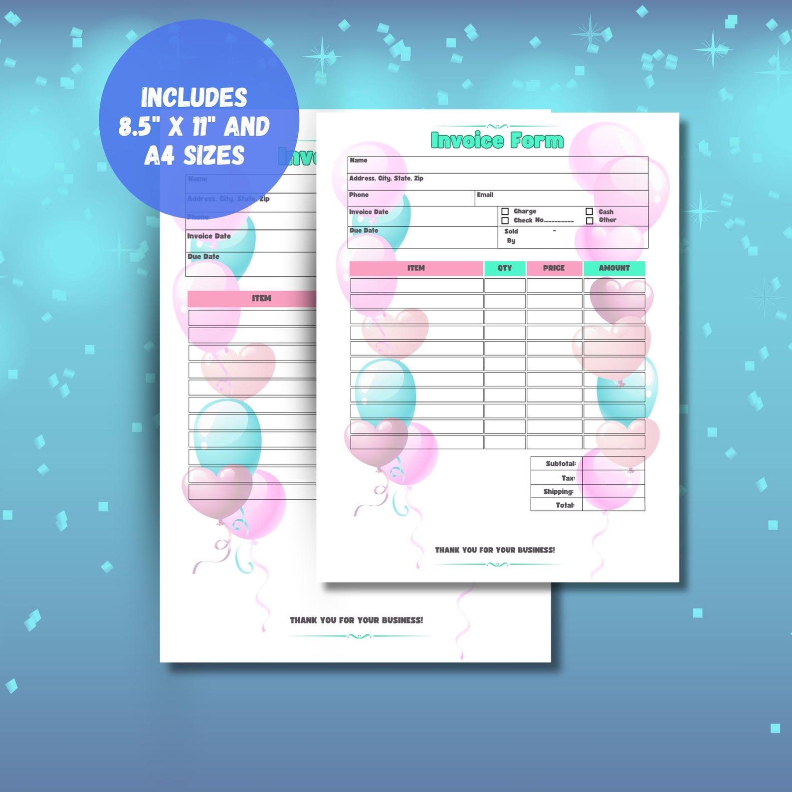 Colorful Balloon Invoice Form: Printable Business Receipt (PDF & JPG ...