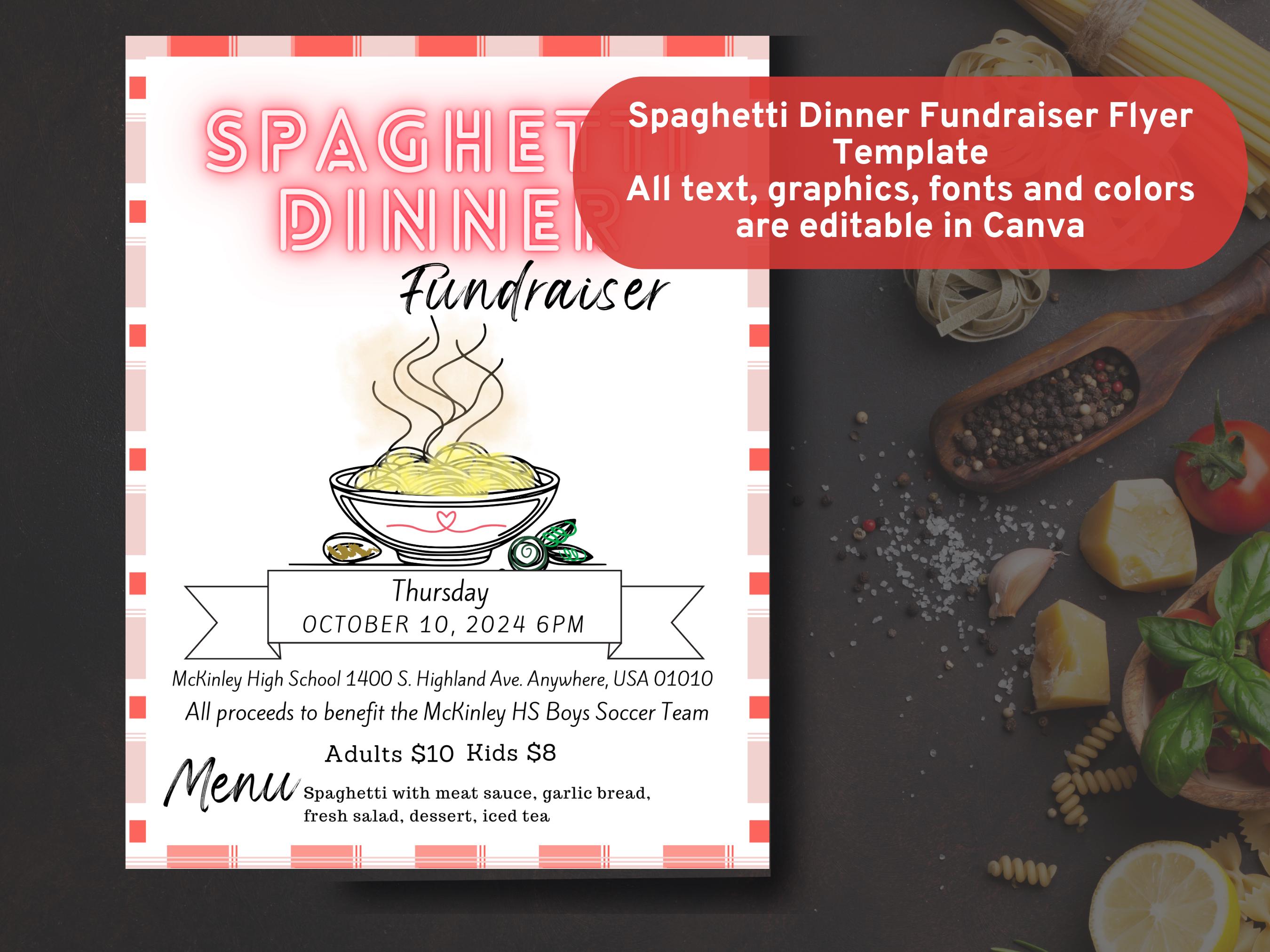 Spaghetti Dinner Fundraiser Flyer, Editable Canva Template, US Letter ...