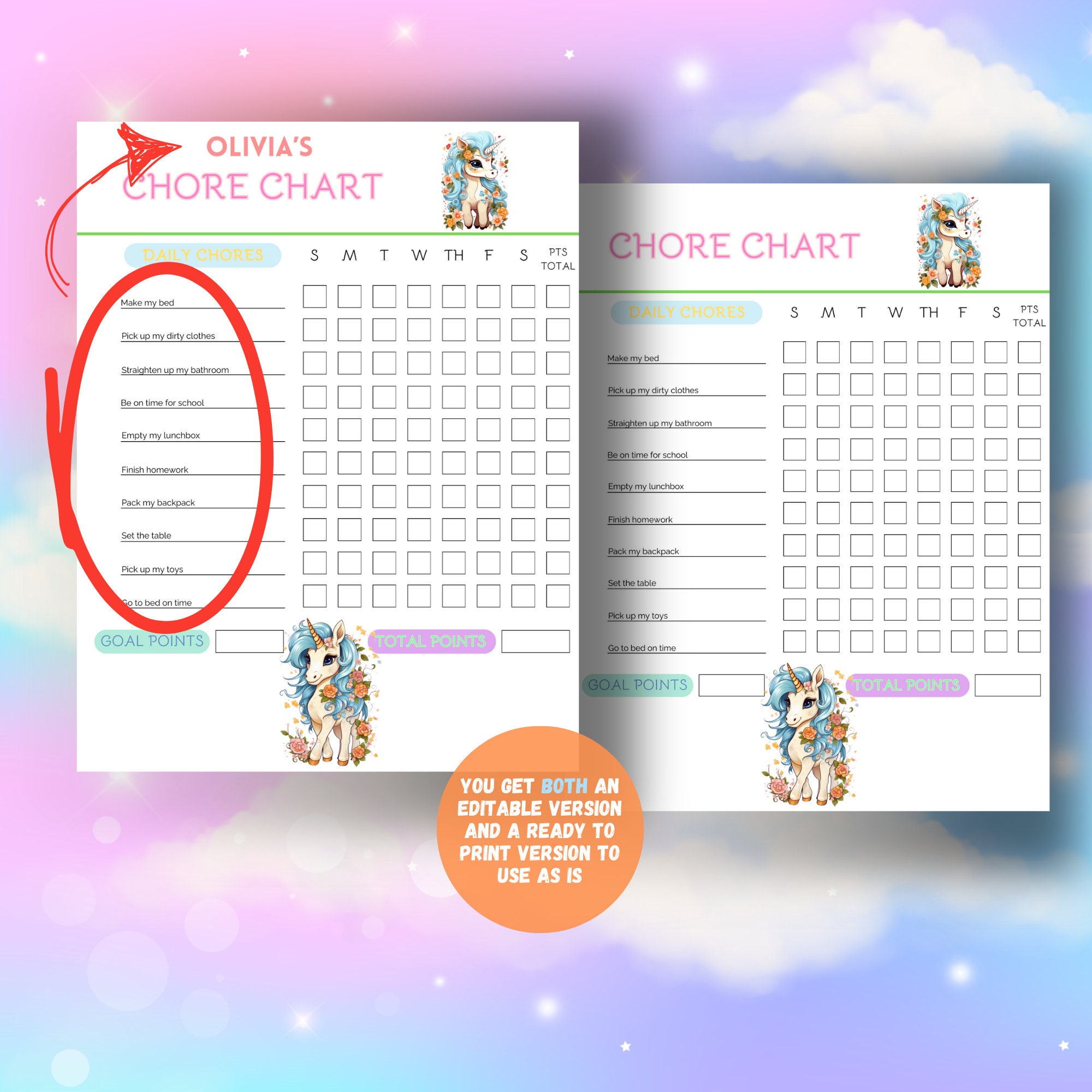 Unicorn Chore Chart Template for Kids, Reward Bucks, Behavior Chart ...