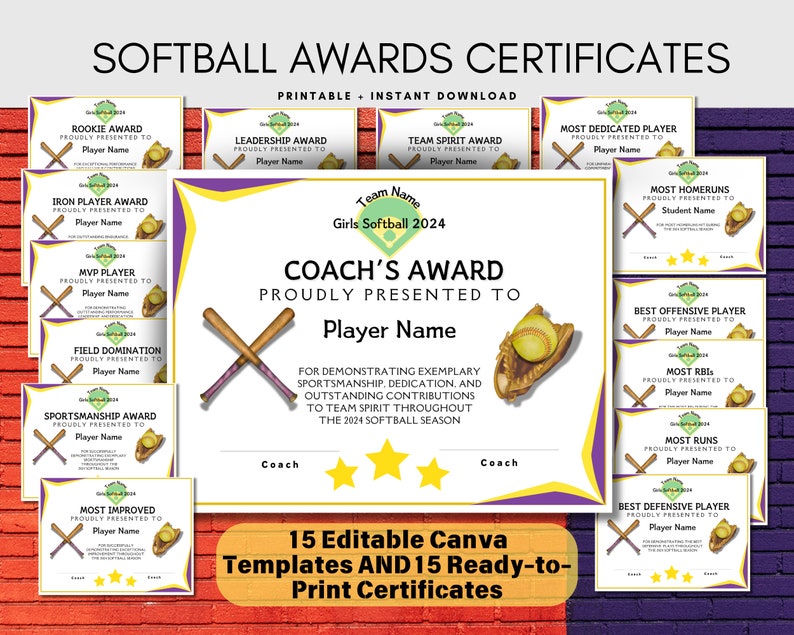 Editable Softball Award Certificates AND Ready to Print non-editable ...