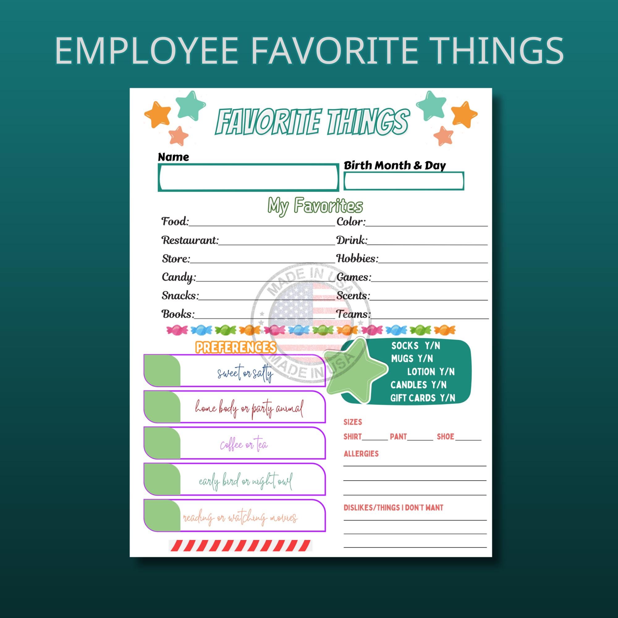 Employee Favorites Survey, My Favorite Things, Getting to Know You ...