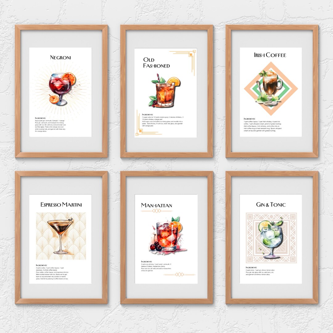 Set of 6 Classy Printable Cocktail Wall Art, Art Deco Motif, Bar Cart ...