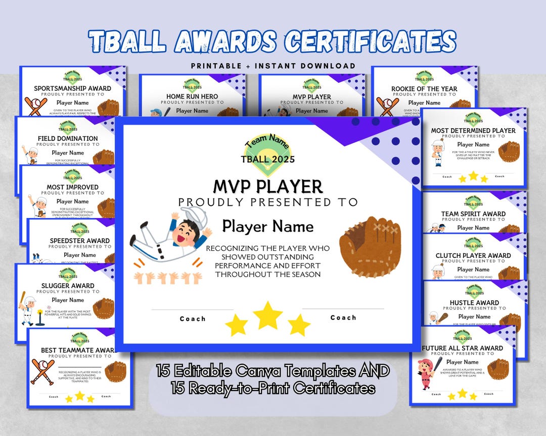 T-ball Award Certificates: Editable Canva Template (8.5x11) (digital ...