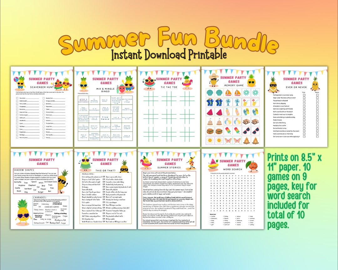 Activity Games, Summer Fun Printable Pack: 10 Games With Cute Fruit ...