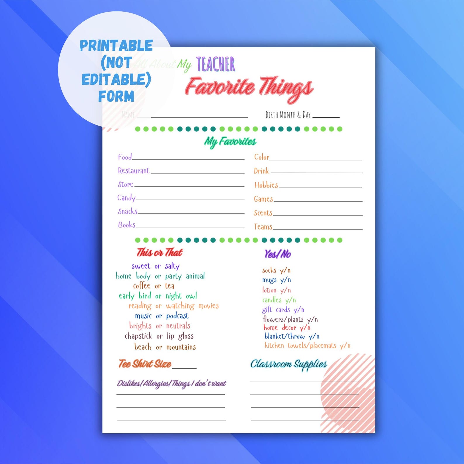 Teacher Favorite Things Printable Wish List, Getting to Know You, All ...