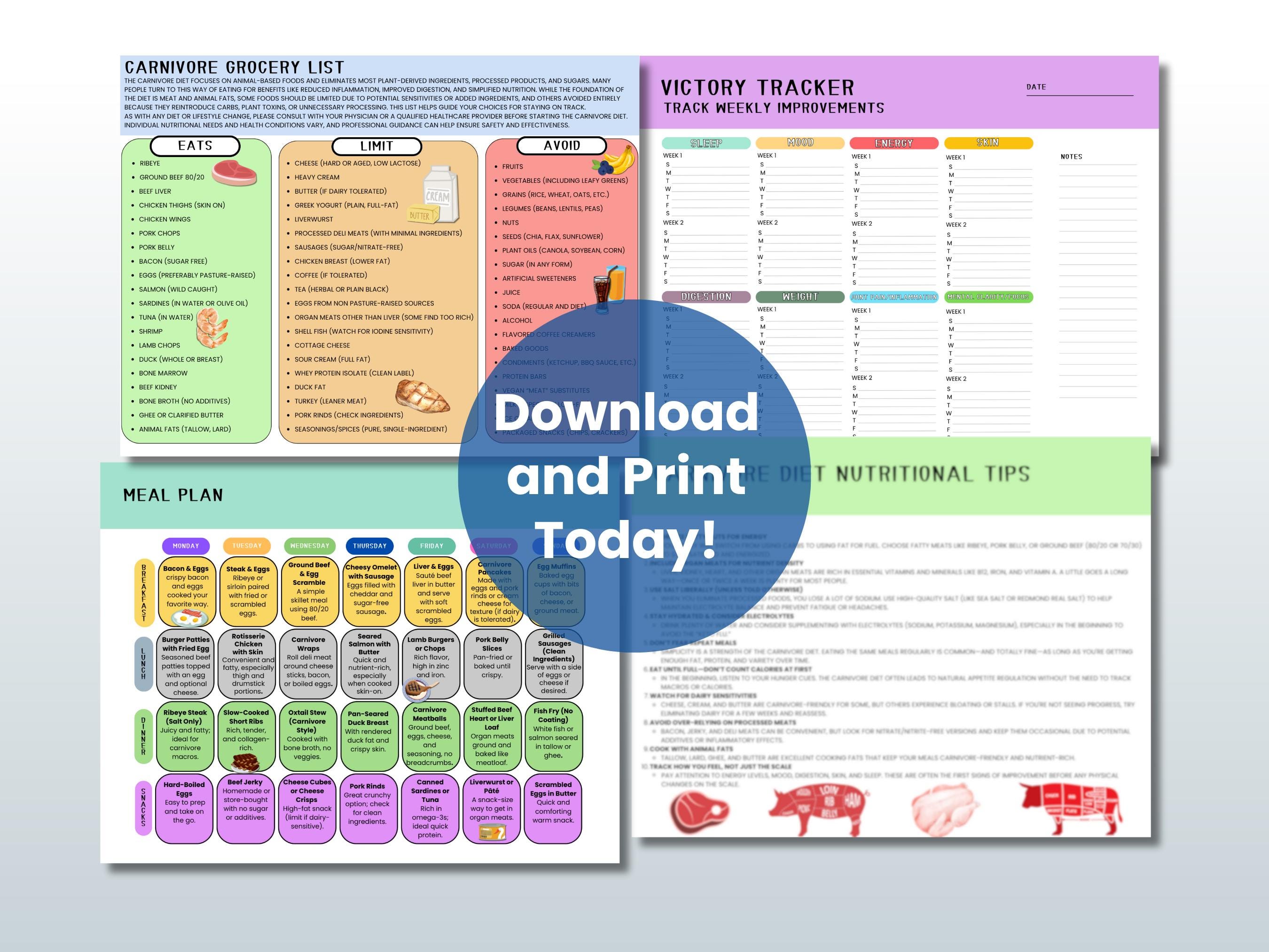 Carnivore Diet Printable Bundle: Grocery List, Meal Plan, Tracker ...