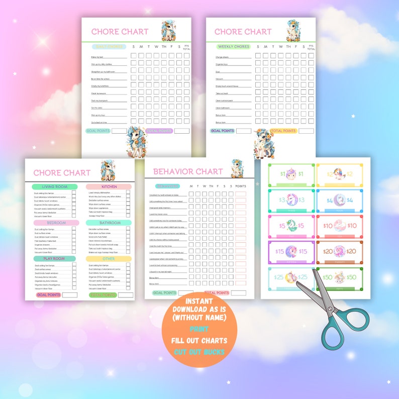 Unicorn Chore Chart Template for Kids, Reward Bucks, Behavior Chart ...