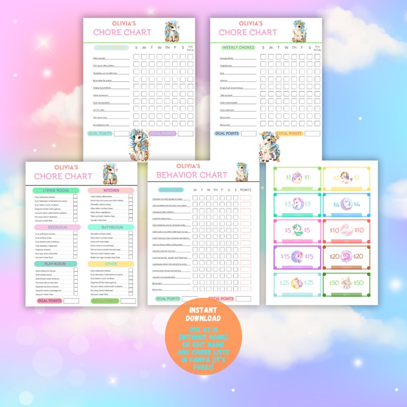 Unicorn Chore Chart Template for Kids, Reward Bucks, Behavior Chart ...