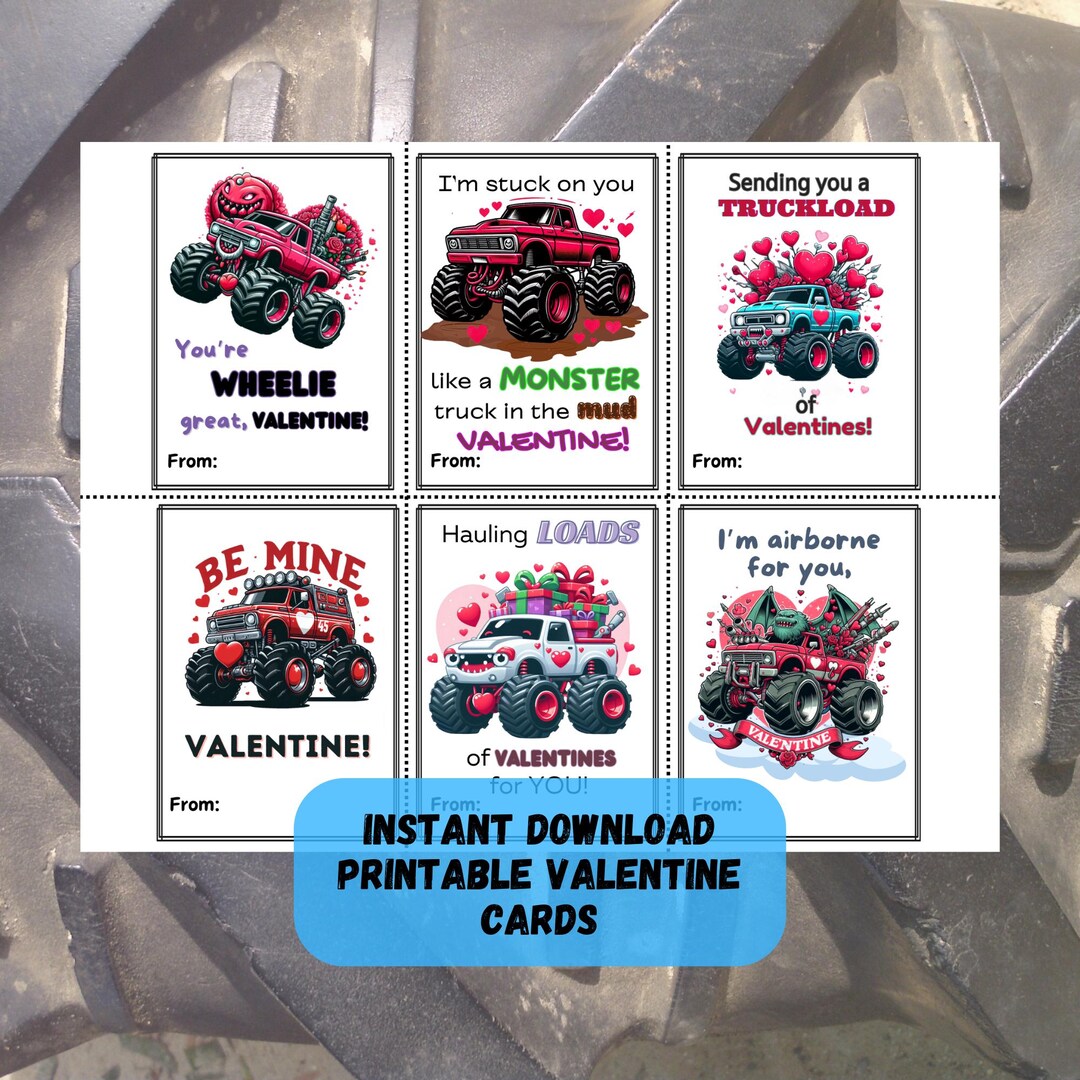 Monster Truck Valentine Printables, Valentines for Boys, Instant ...