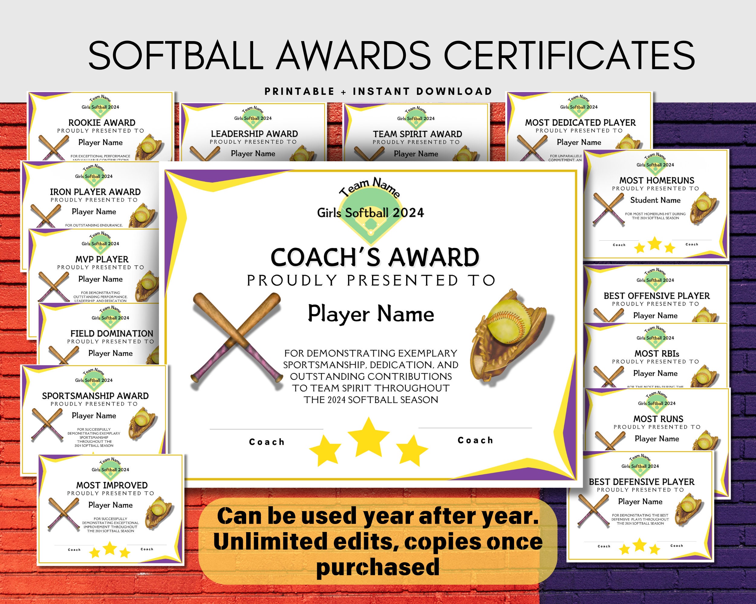 Softball Award Certificates Editable & Non-editable, Perfect for Team ...