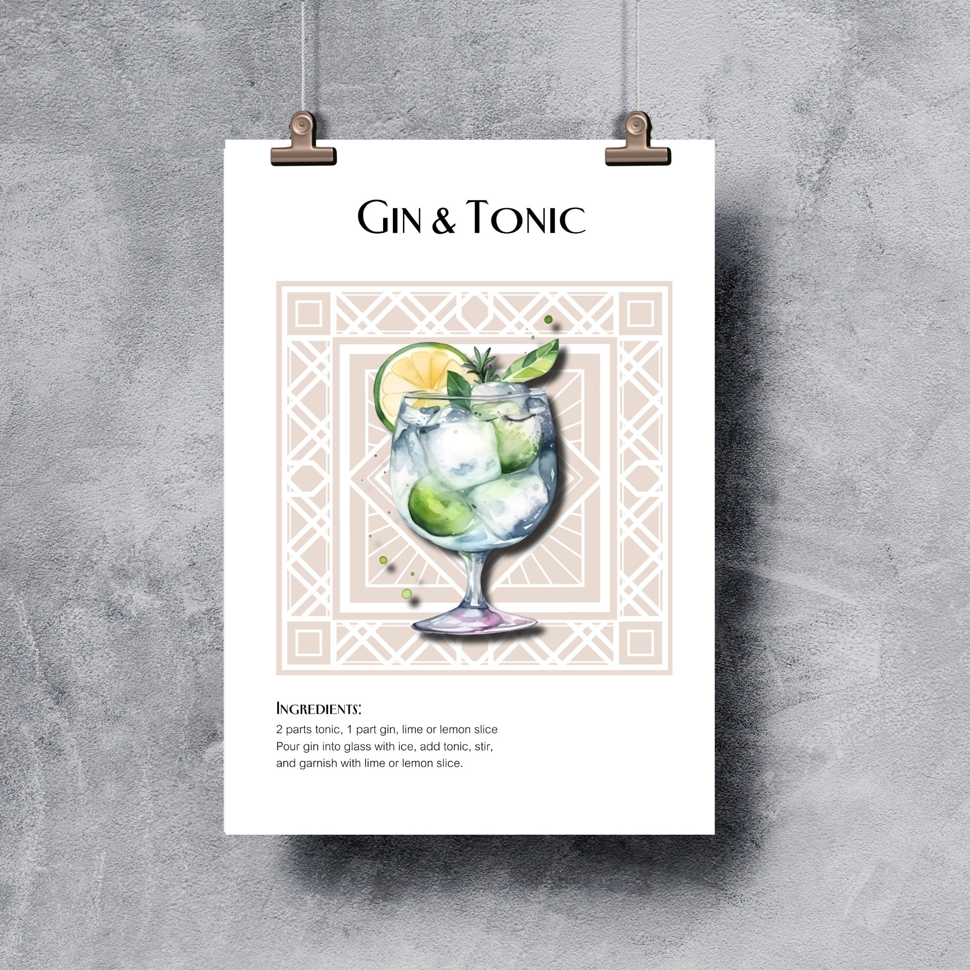 Gin and Tonic Print, Watercolor Cocktail Sign, Signature Drink Gin and Tonic, Art Deco Wall Art ...