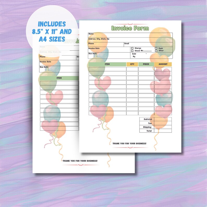Balloon Invoice Form: Printable Business Receipt (PDF & JPG) US Letter ...