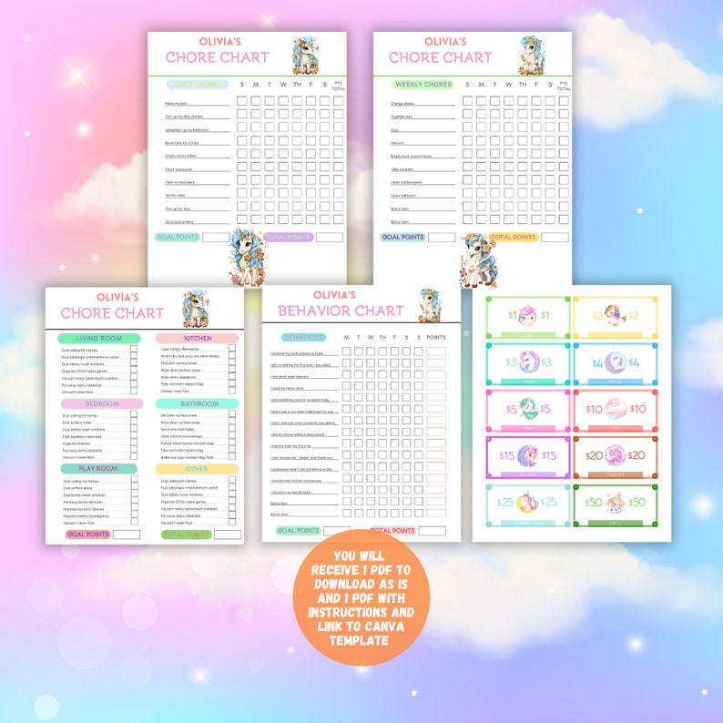 Unicorn Chore Chart Template for Kids, Reward Bucks, Behavior Chart ...