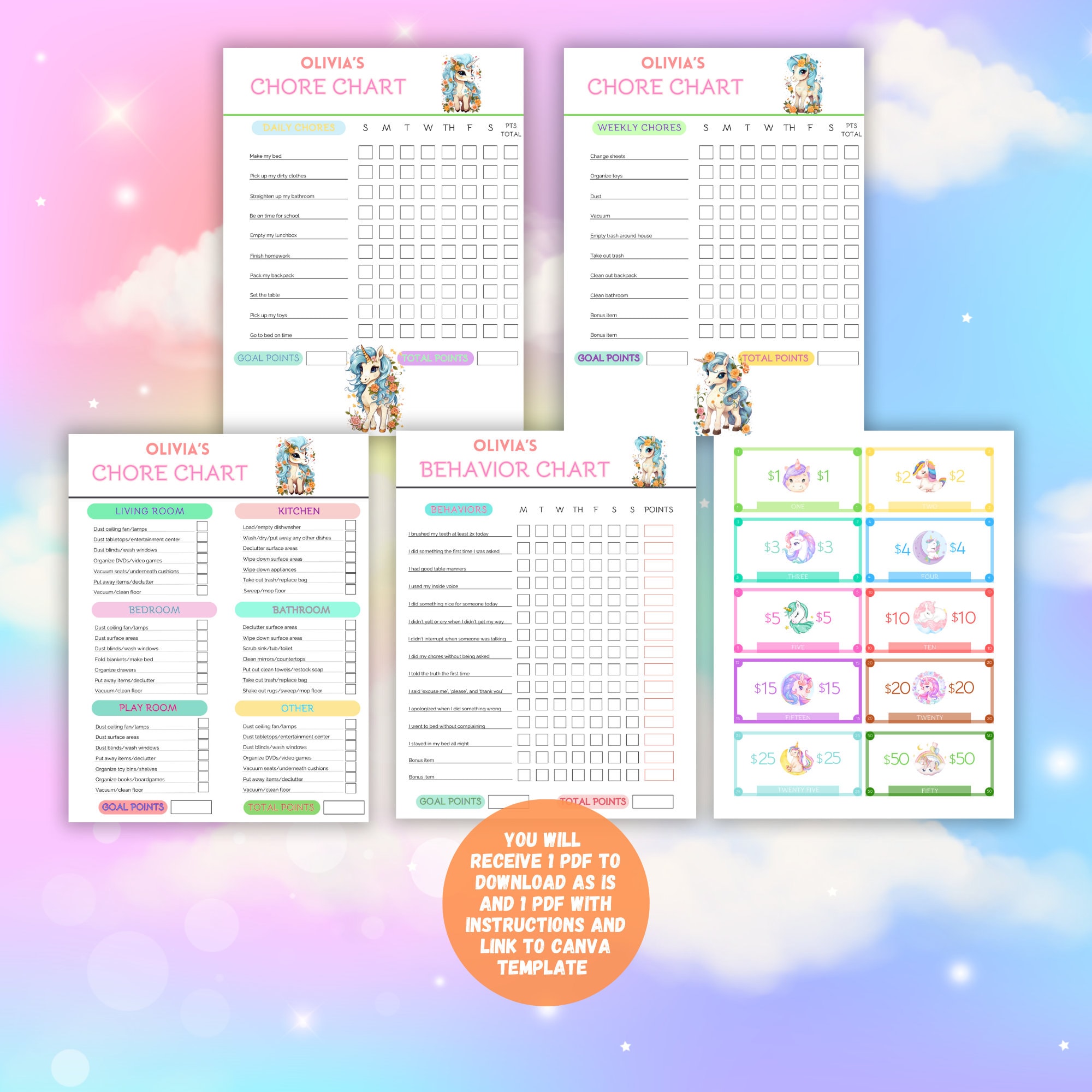 Unicorn Chore Chart Template for Kids, Reward Bucks, Behavior Chart ...