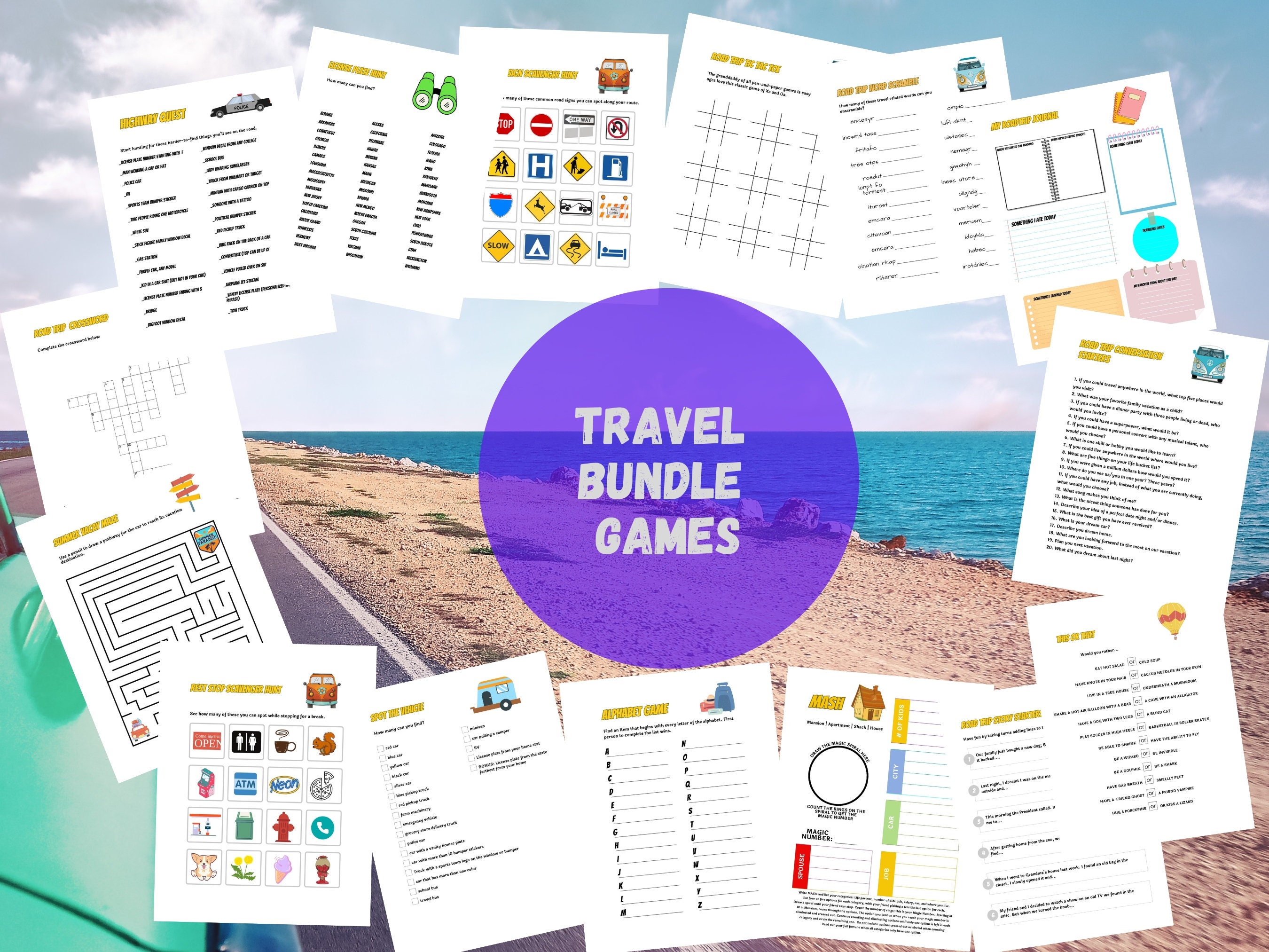 Printable Travel Games Activities Bundle for Kids, Scavenger Hunts ...