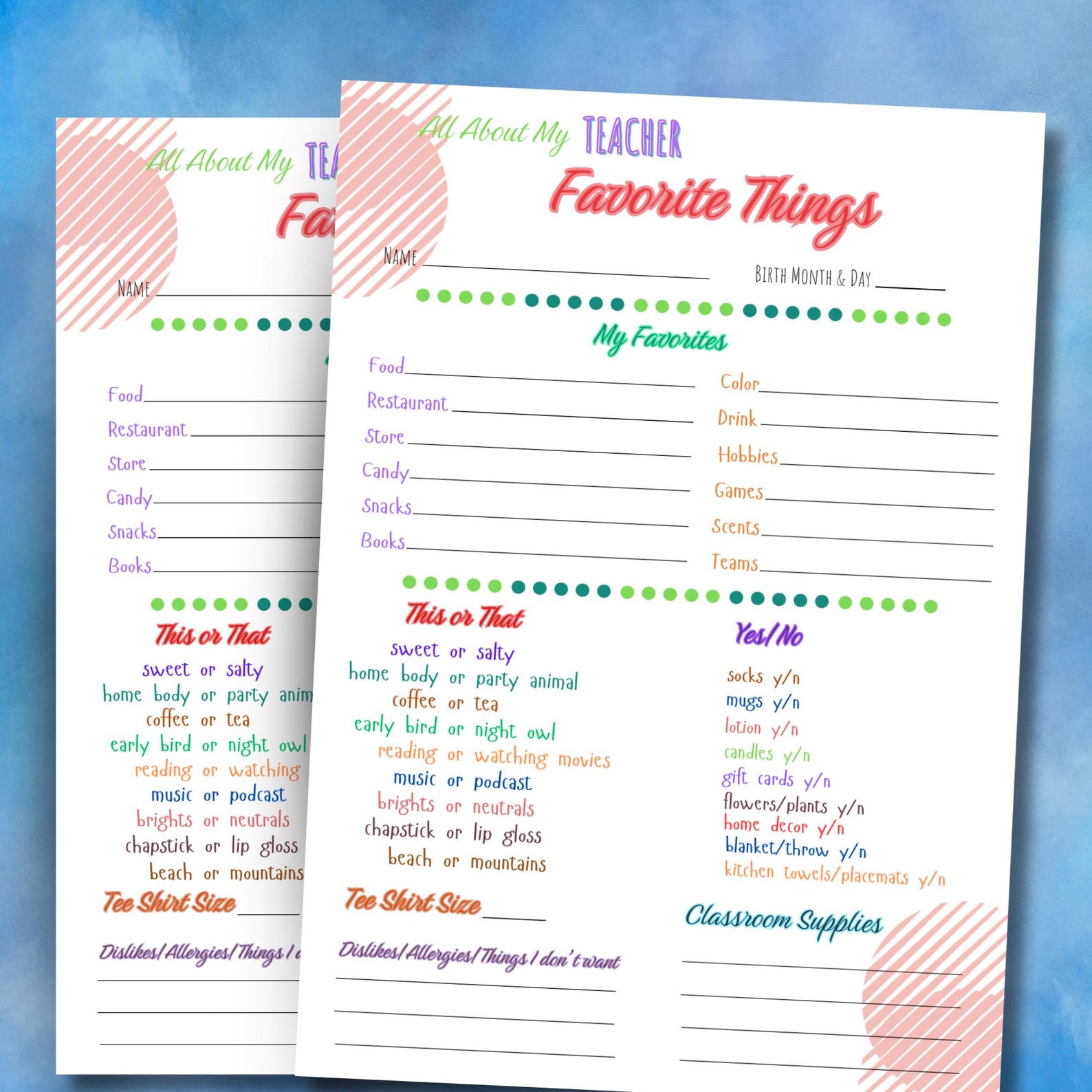 Teacher Favorite Things Printable Wish List, Getting to Know You, All ...